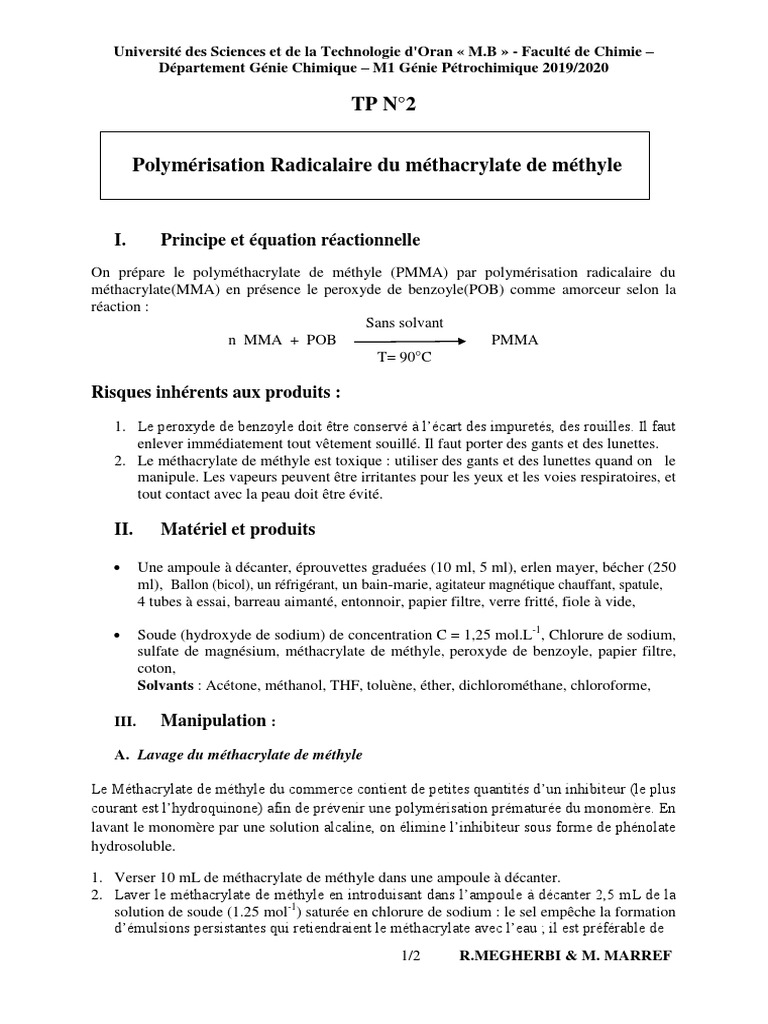 TP2 Production Des Polym | PDF | Polyméthacrylate de méthyle ...