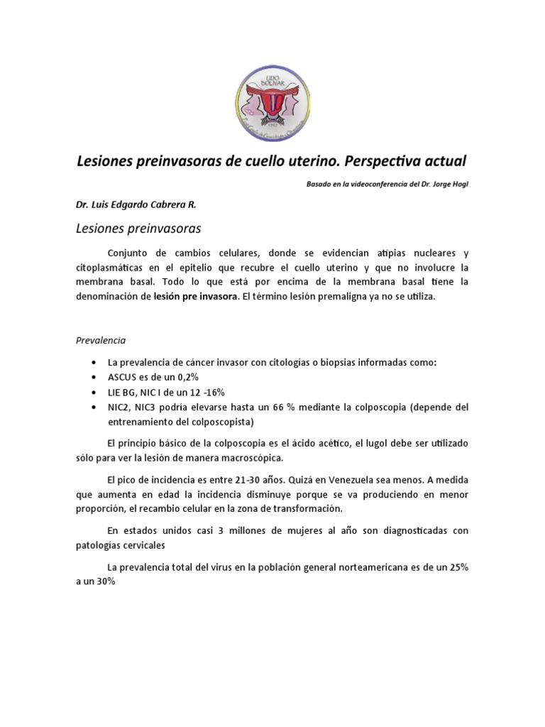Lesiones Preinvasoras de Cuello Uterino | PDF | Especialidades Medicas | Medicina CLINICA