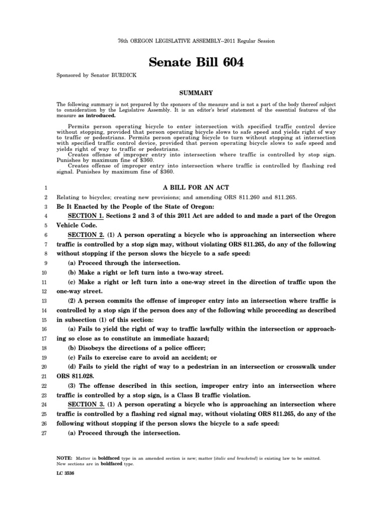 SB 604 "Idaho Stop" Bill | PDF | Traffic | Intersection (Road)