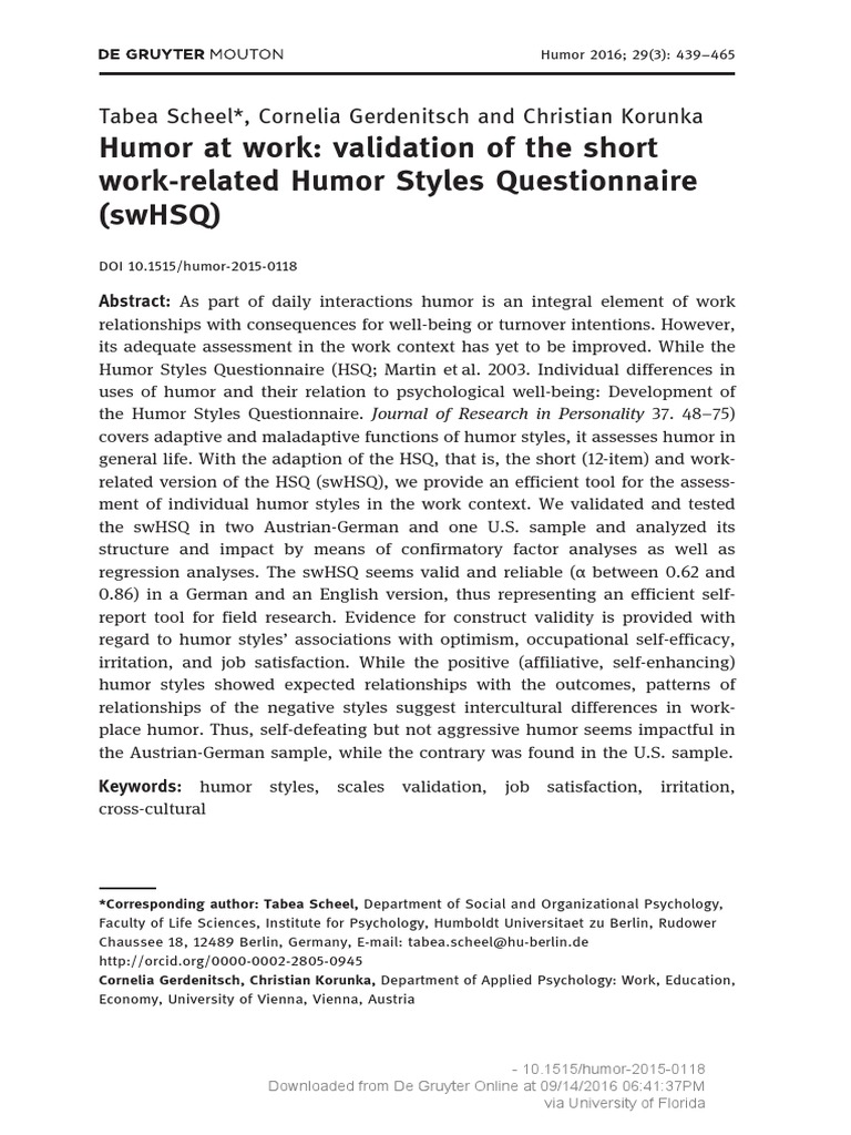 Validation of Short Work-Related Humor Styles Questionnaire | PDF ...