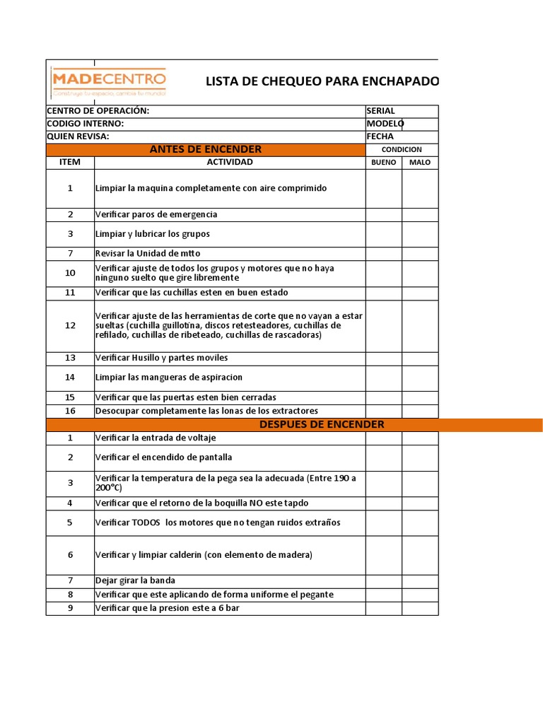 Check List Arranque Equipos | Descargar gratis PDF | Calibración ...