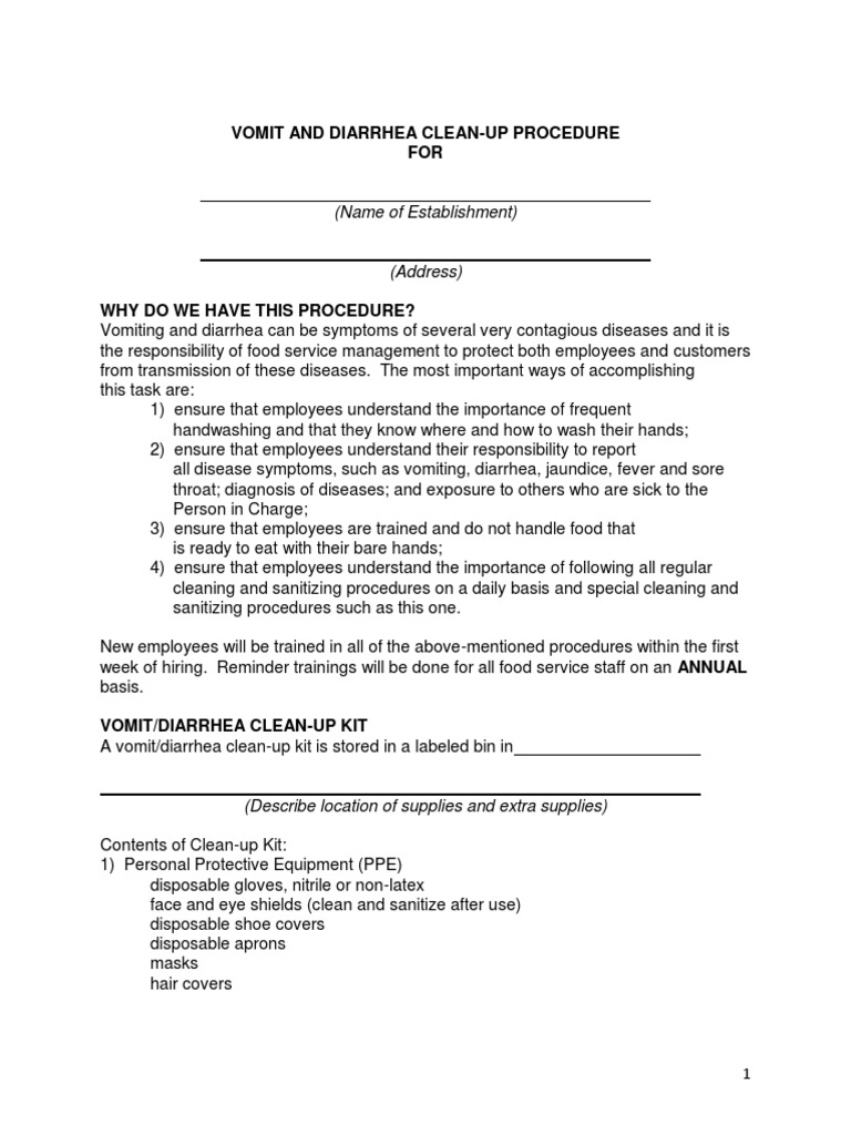 Vomit and Diarrhea Clean-Up Procedure FOR: (Name of Establishment ...