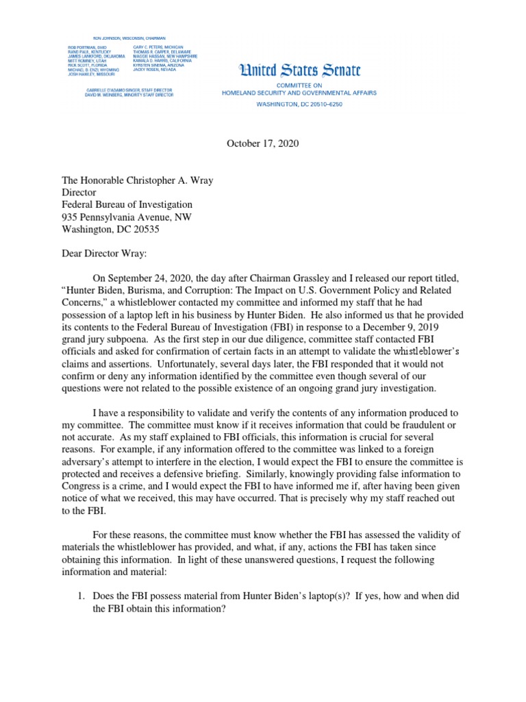 2020-10-17 FBI Wray Letter | PDF | Federal Bureau Of Investigation | American Government