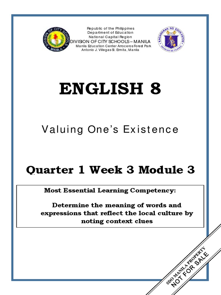 ENGLISH 8 - Q1 - Mod3 - Valuing One - S Existence PDF | PDF | Learning