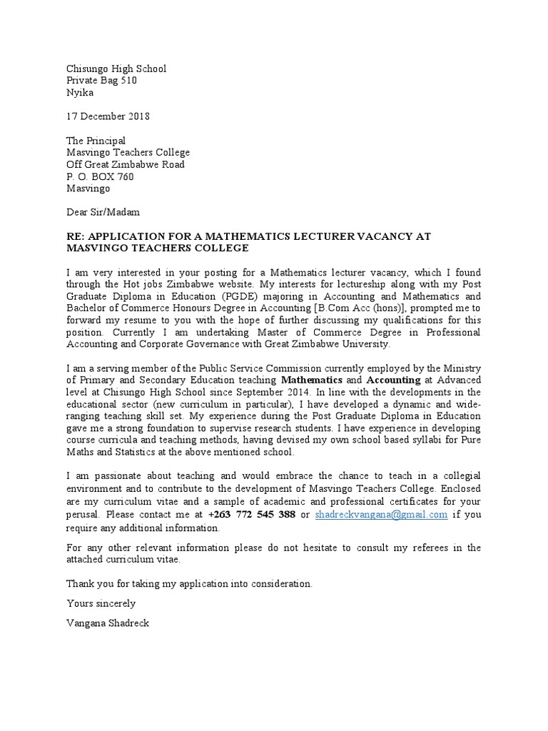Application Letter Masvingo Teachers College | PDF | Business | Wellness