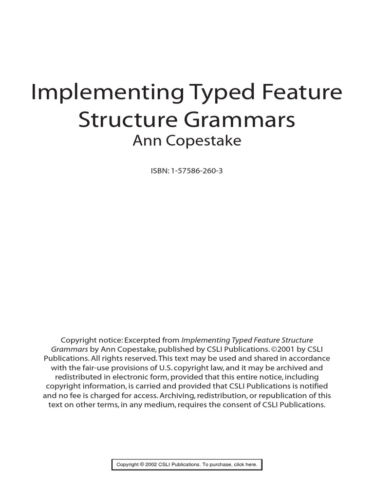 Implementing Typed Feature Structure Grammars: Ann Copestake | PDF | Parsing | Lexicon