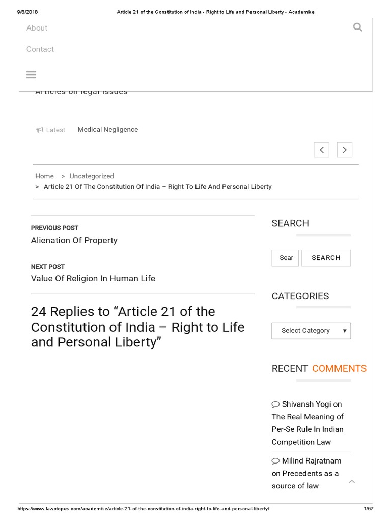 Article 21 of The Constitution of India - Right To Life and Personal ...