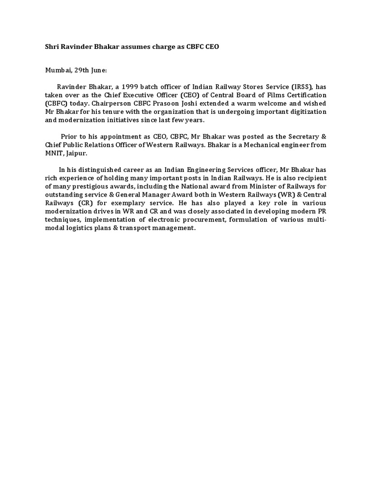 Ravinder Bhakar Appointed CBFC CEO | PDF | Business | Technology ...