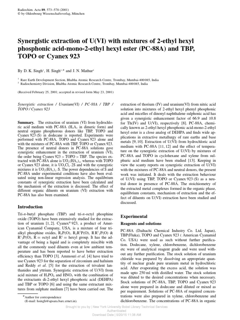 Synergistic Extraction of U (VI) With Mixtures of 2-Ethyl Hexyl ...