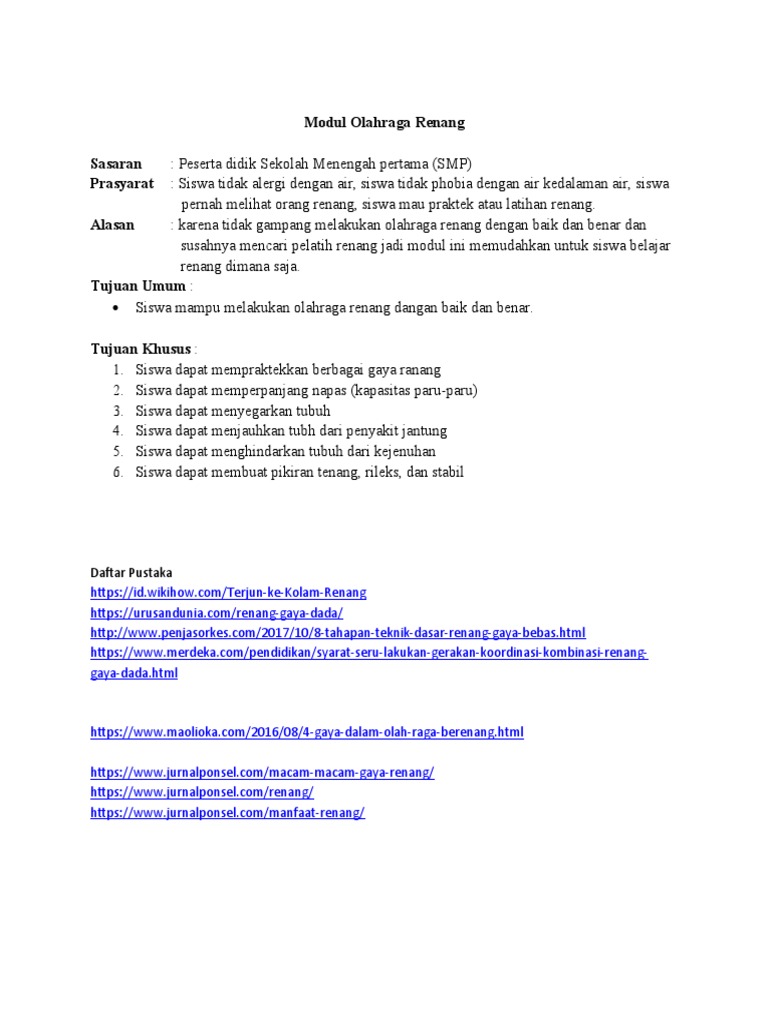 Modul Olahraga Renang Dan Daftar Pustaka | PDF | Karier & Perkembangan
