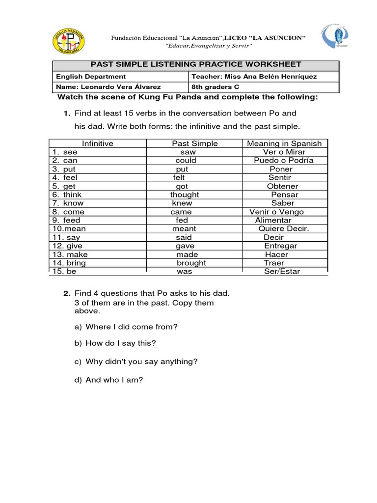 Past Simple Listening Practice Worksheet | PDF