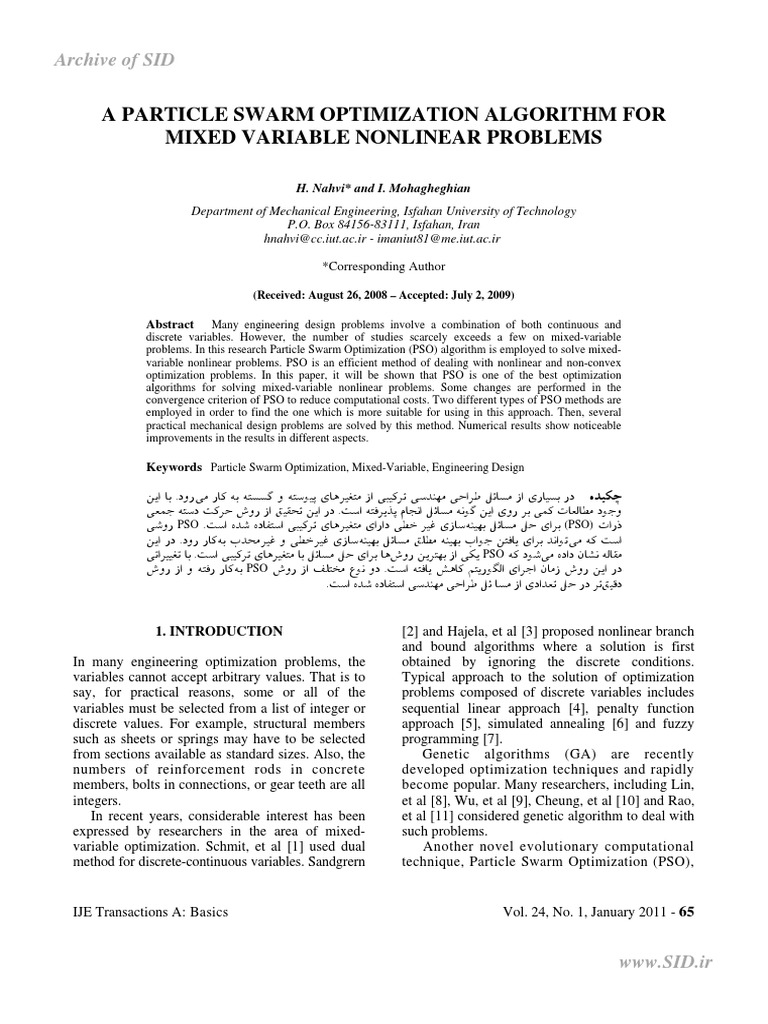 A Particle Swarm Optimization Algorithm For Mixed Variable Nonlinear ...