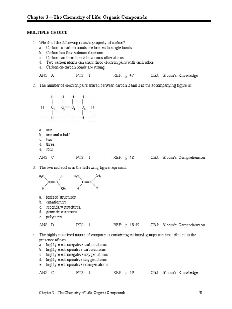 Chapter 3-The Chemistry of Life: Organic Compounds: Multiple Choice ...