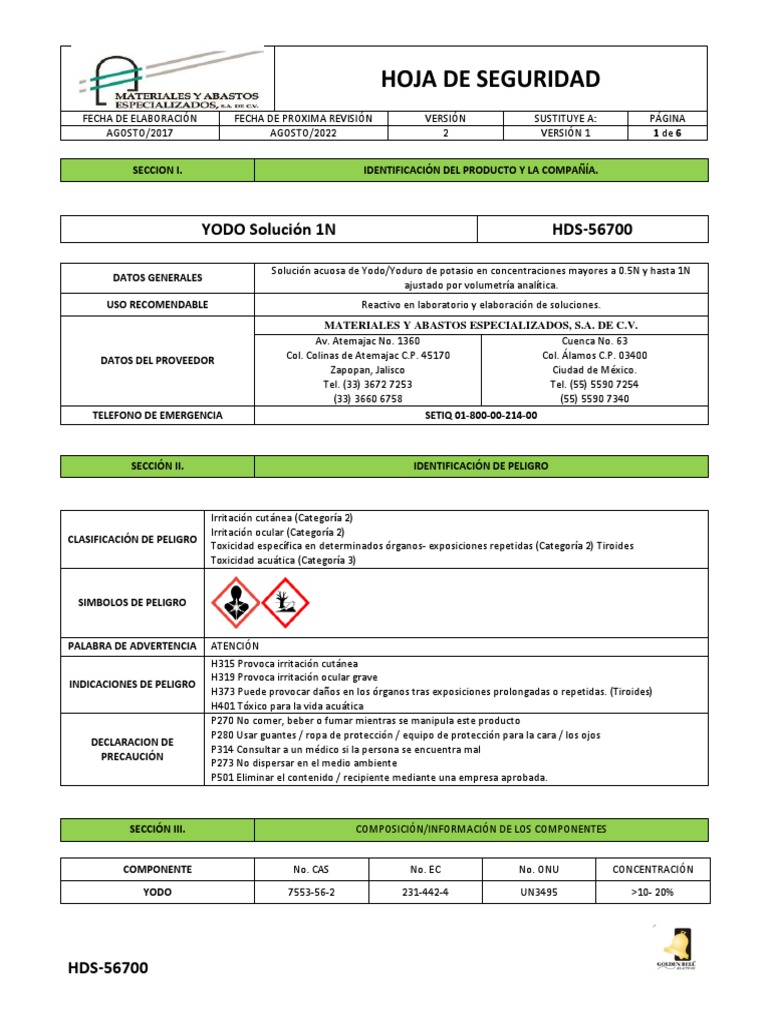 Hoja de Seguridad: YODO Solución 1N HDS-56700 | PDF | Amoníaco | Agua