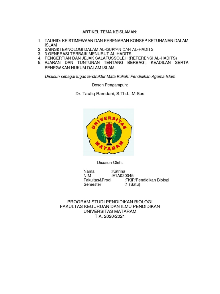 Dr. Taufiq Ramdani, S.Th.I., M.Sos: Disusun Sebagai Tugas Terstruktur ...