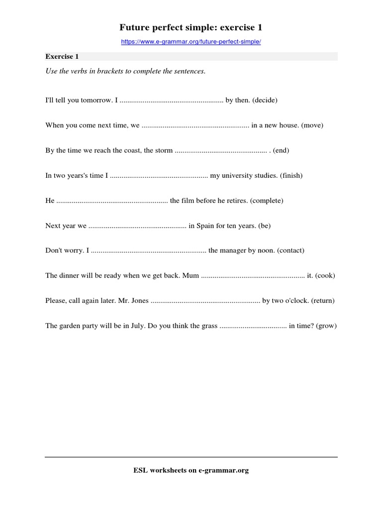 Future Perfect Simple Exercise 1 | PDF