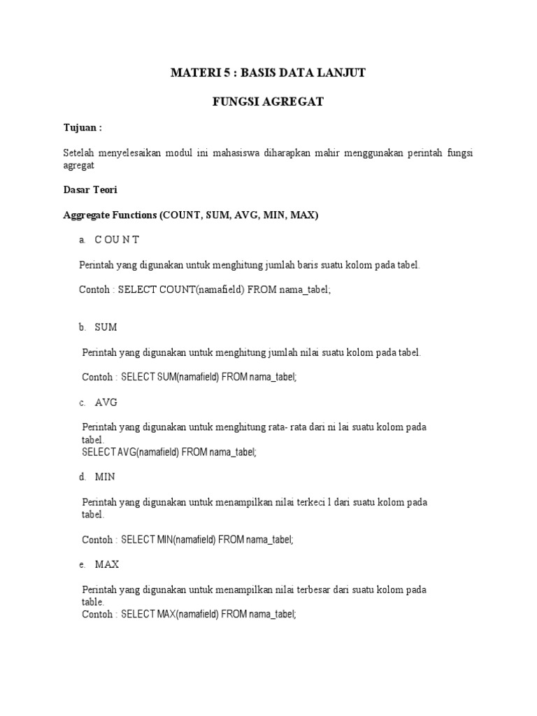 5 Basis Data Lanjut Fungsi Agregat | PDF