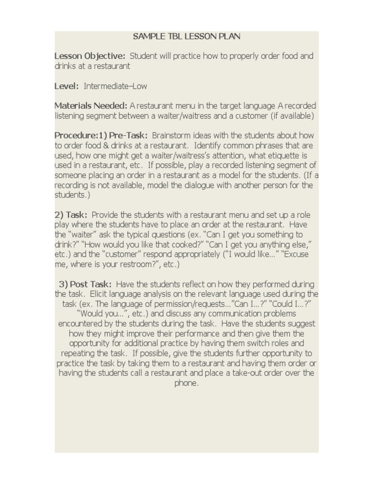 Sample TBL Lesson Plan | PDF | Waiting Staff | Teachers
