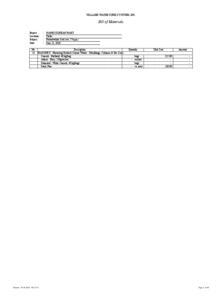 Typical Bom | PDF | Plumbing | Precast Concrete
