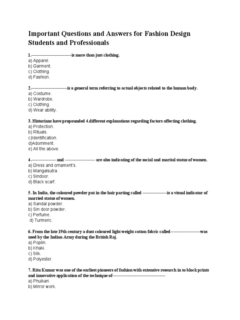 Important Questions and Answers For Fashion Design Students and ...