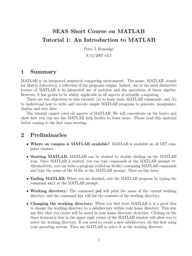SEAS Short Course On MATLAB Tutorial 1: An Introduction To MATLAB | PDF ...