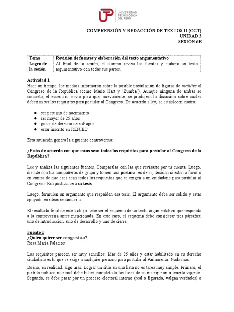 U3 - S6 - Texto Argumentativo (Requisitos Congreso) B | PDF | República | Estado (política)