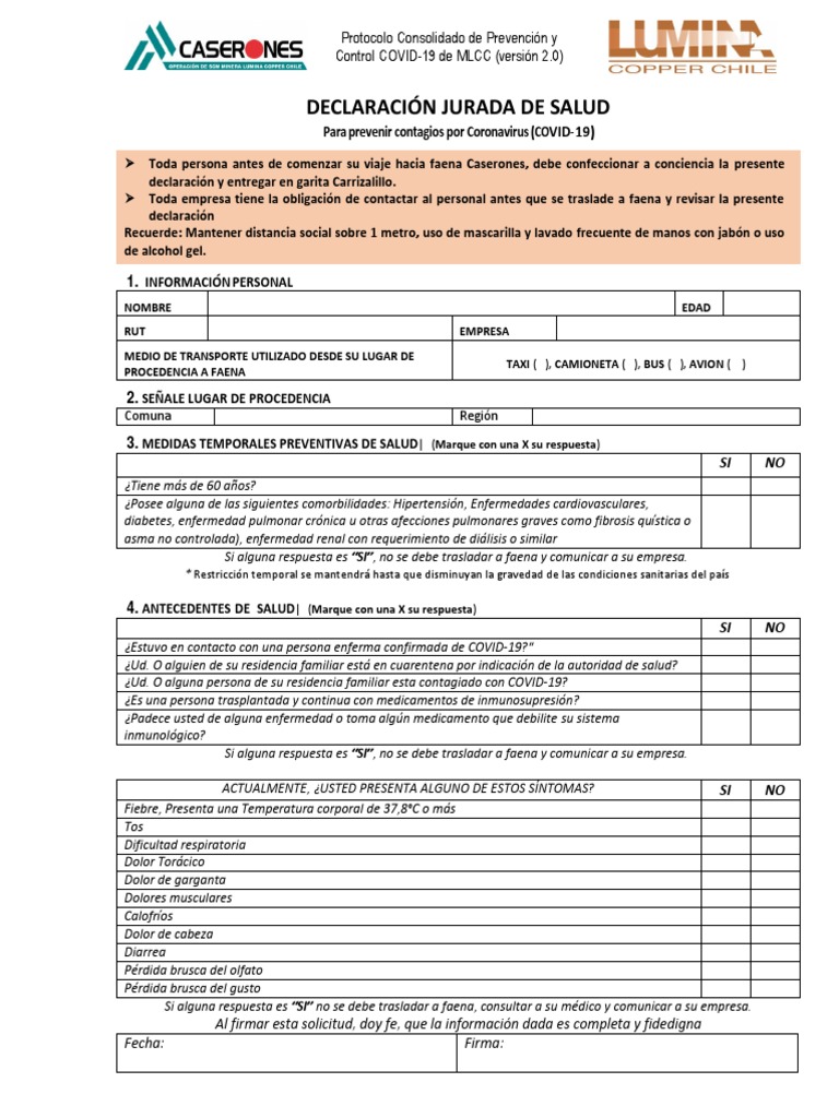Declaración Jurada de Salud | PDF | Enfermedades y trastornos | Especialidades Medicas