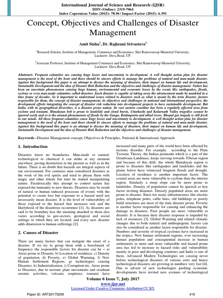 Concept, Objectives and Challenges of Disaster Management: Amit Sinha ...