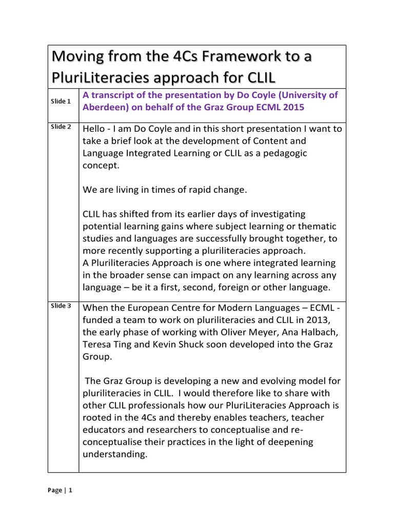 Moving From The 4Cs Framework To A Pluriliteracies Approach For Clil ...