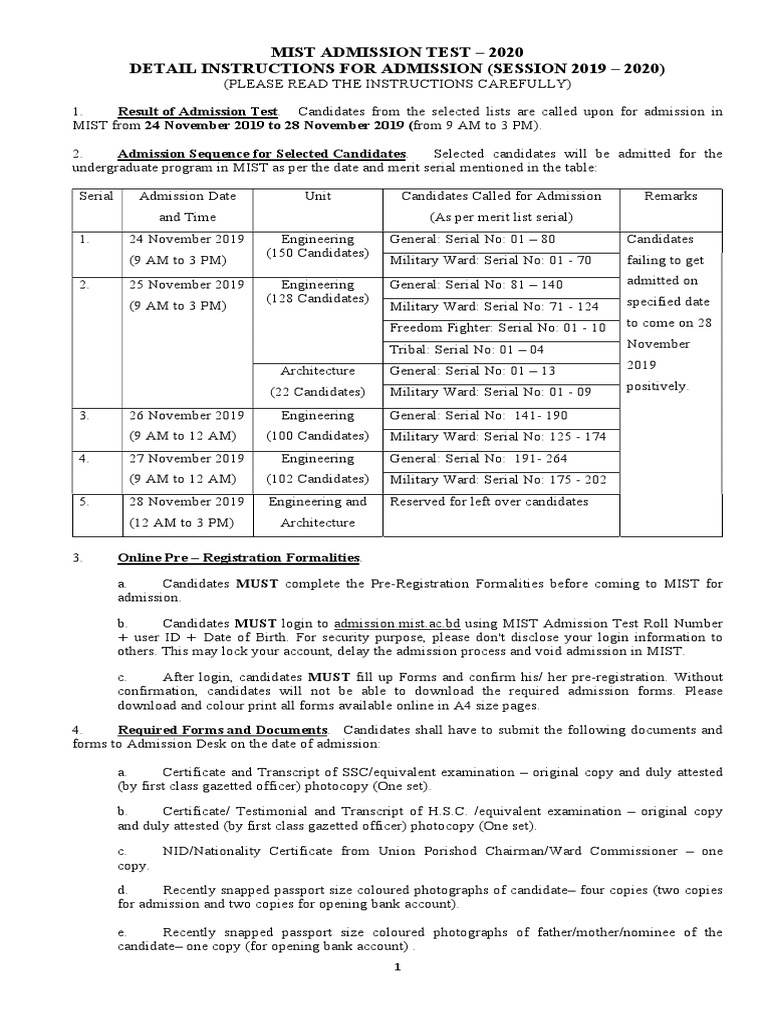 MIST Admission Circular 2020 | PDF | Fee | Banks