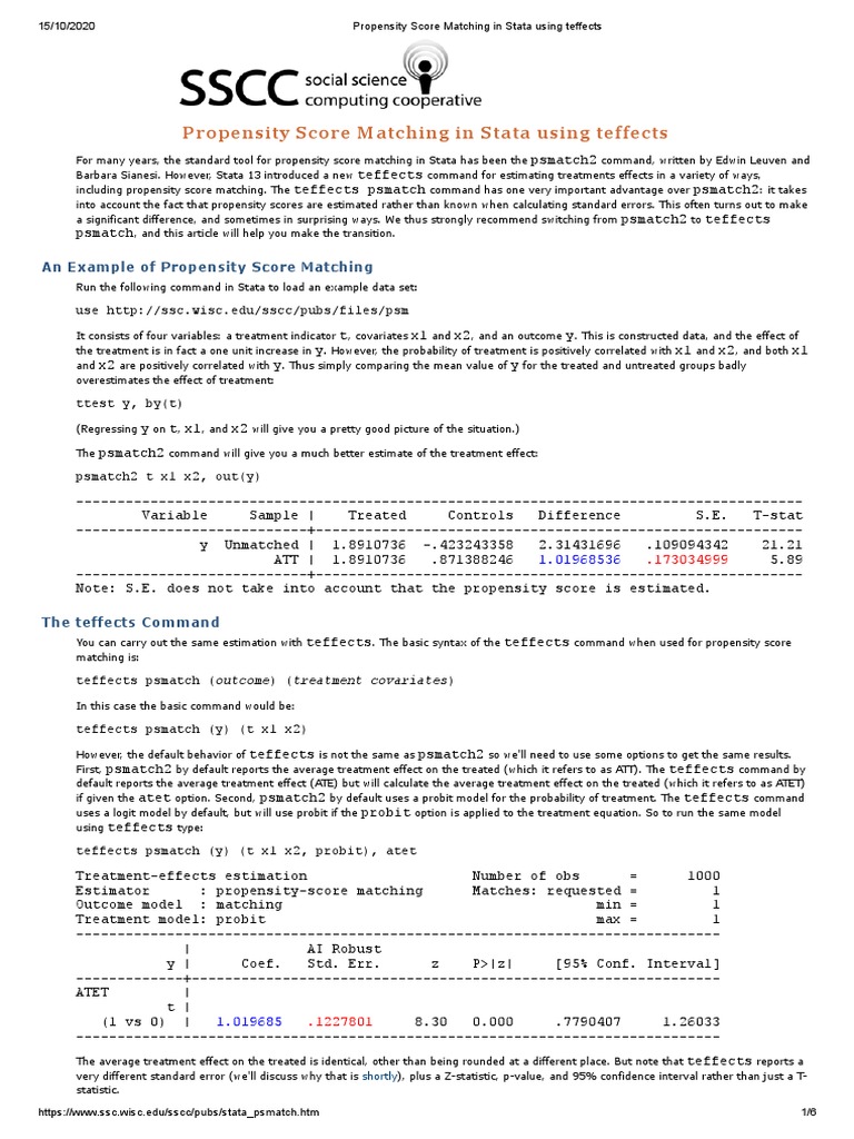 Propensity Score Matching In Stata Using Teffects Pdf Regression Analysis Statistical Theory