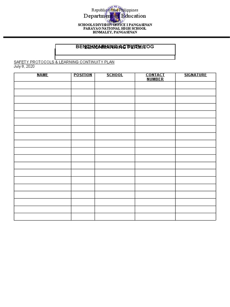 Department of Education: Benchmarking Activity Log Benchmarking Permit ...