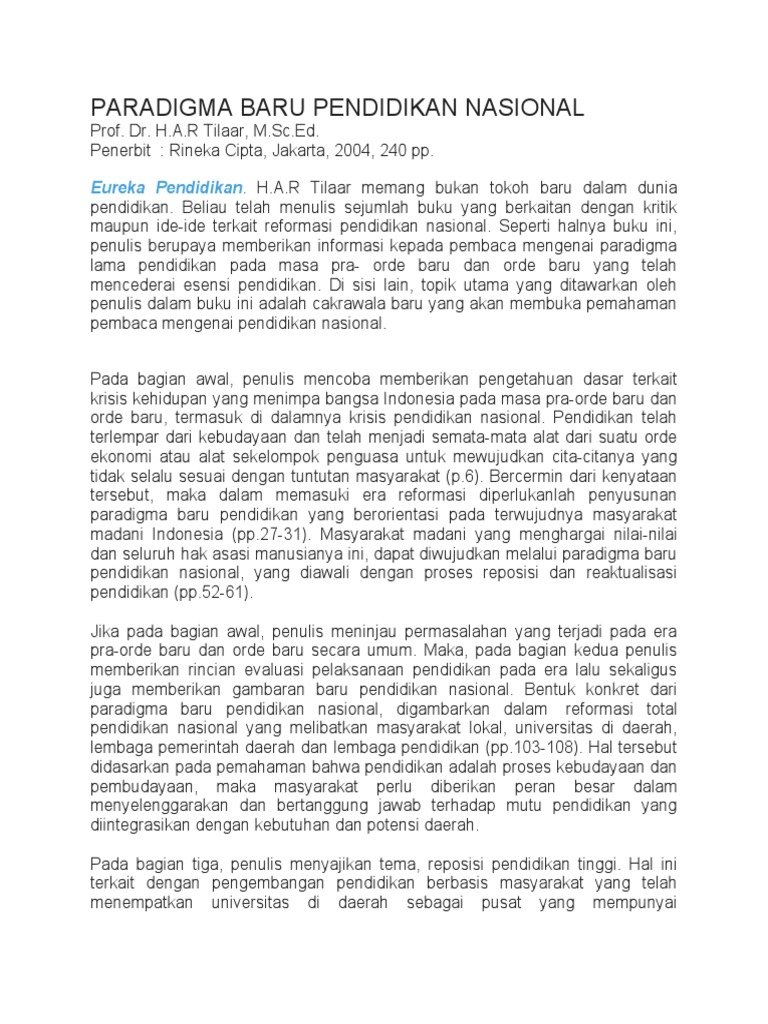 PARADIGMA BARU PENDIDIKAN NASIONAL Tilaar | PDF