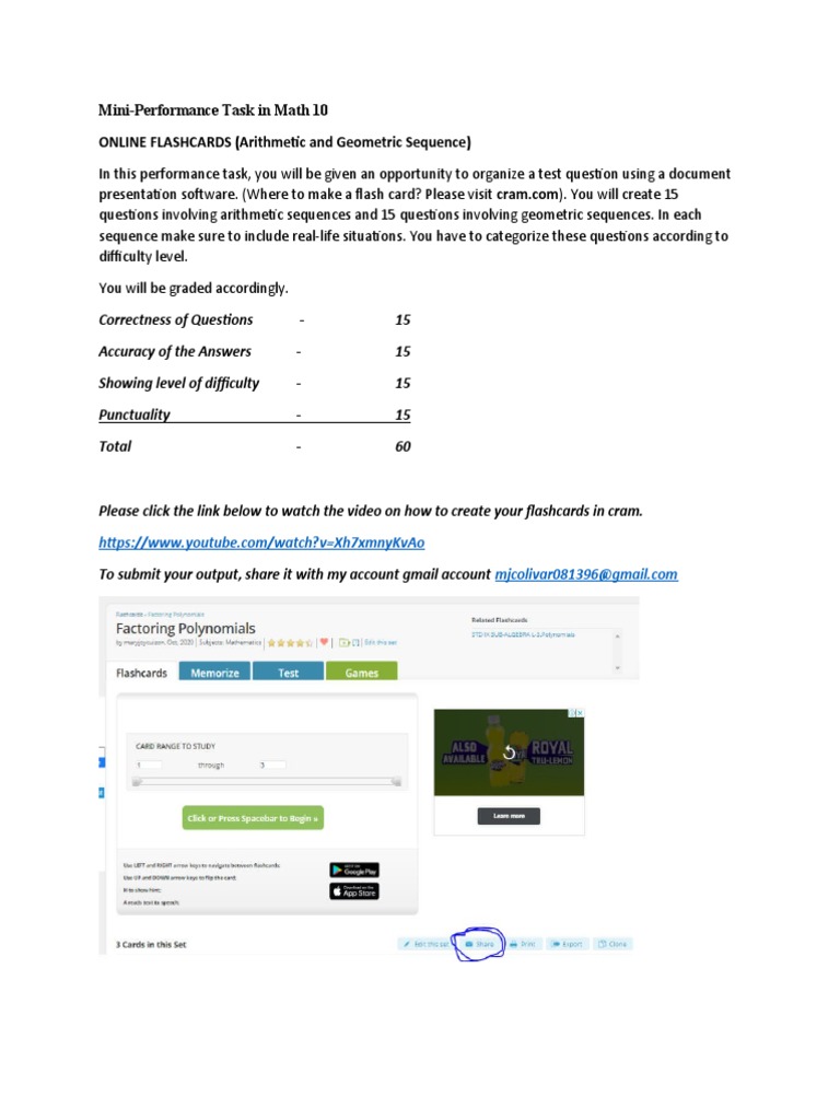 Mini-Performance Task in Math 10 ONLINE FLASHCARDS (Arithmetic and Geometric Sequence) | PDF ...