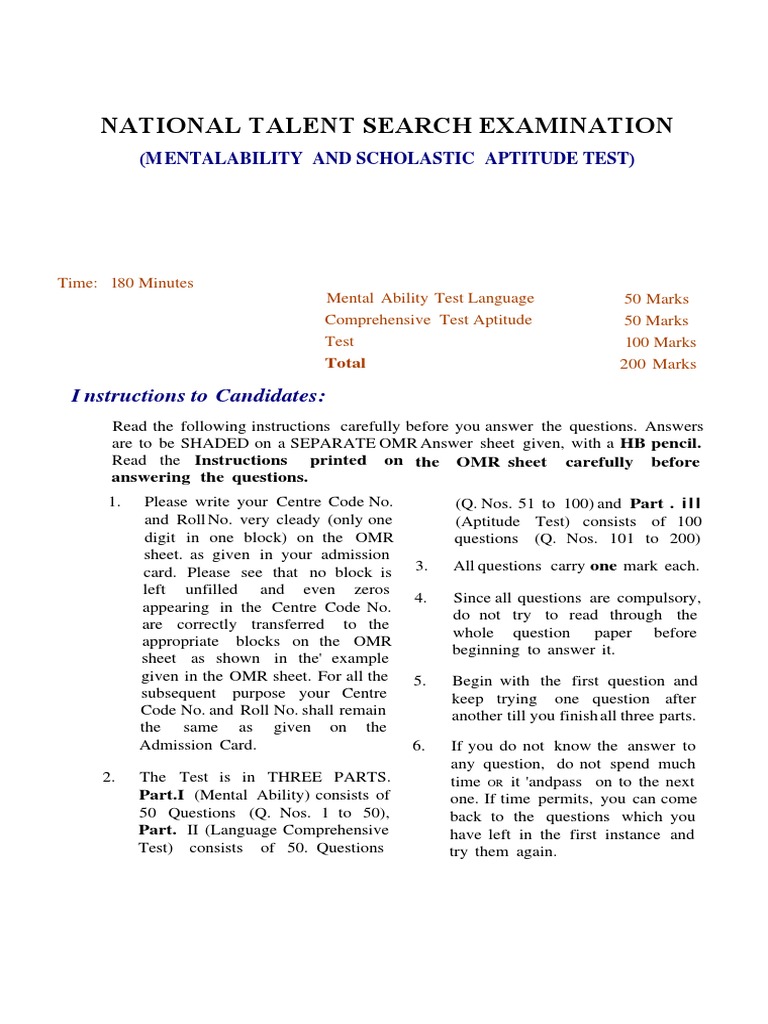 National Talent Search Examination: (Mental Ability and Scholastic ...