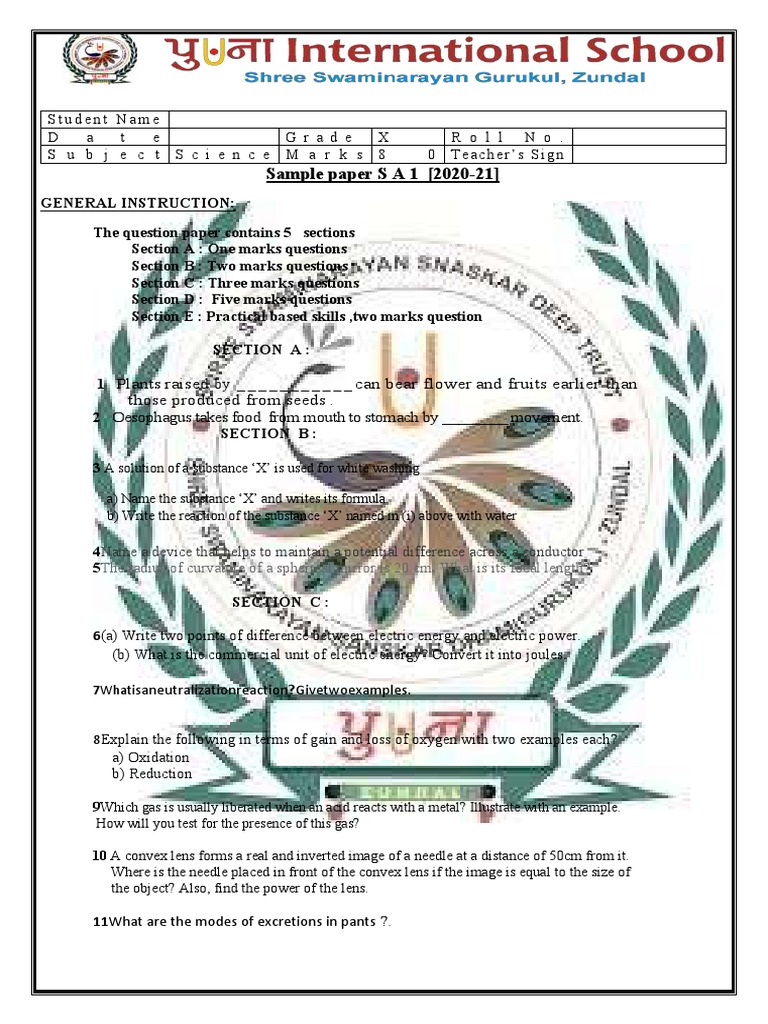 Class - 10 - Science - Sample Paper 20-21 | PDF | Redox | Chlorine