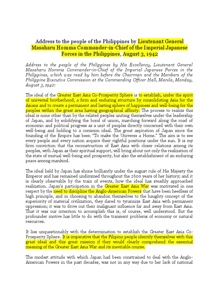 Address To The People of The Philippines by Lieutenant General Masaharu ...