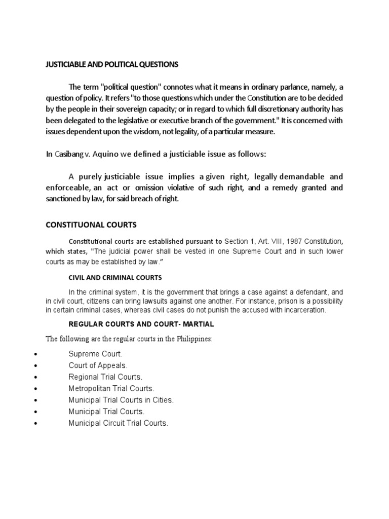 Justiciable and Political Questions: Civil and Criminal Courts | PDF ...