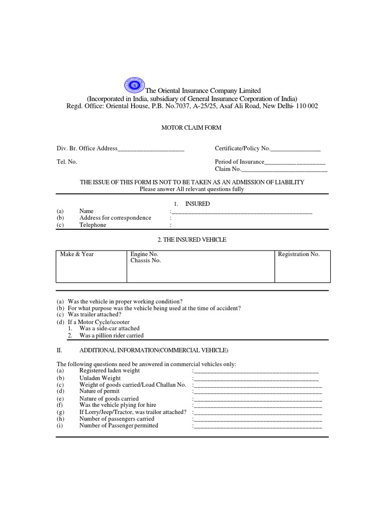 Oriental Insurence Claim Form | PDF | Traffic Collision | Driving Under ...