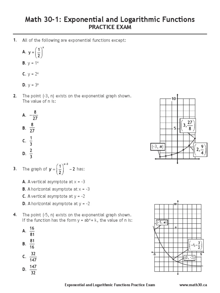 Math 30-1: Exponential and Logarithmic Functions: Practice Exam | PDF | Cent (Music) | Ph