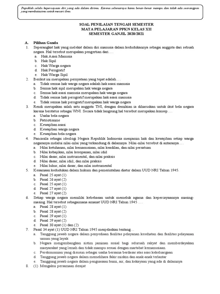 Soal PTS PPKN Kelas XII SMST Ganjil | PDF