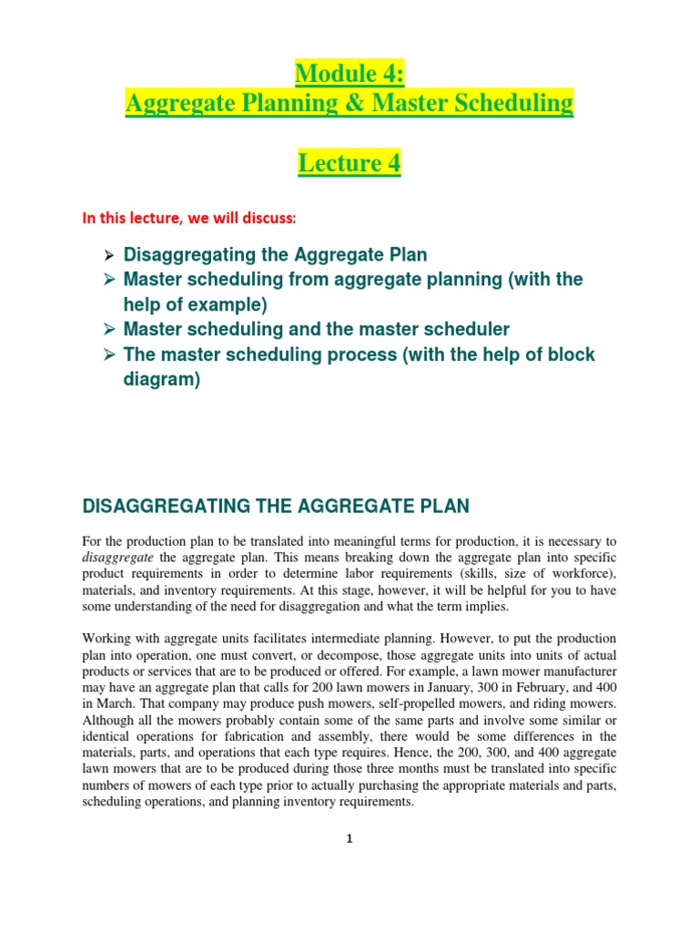 Lecture 4 and 5 - Module 4 - Aggregate Planning and Master Scheduling ...