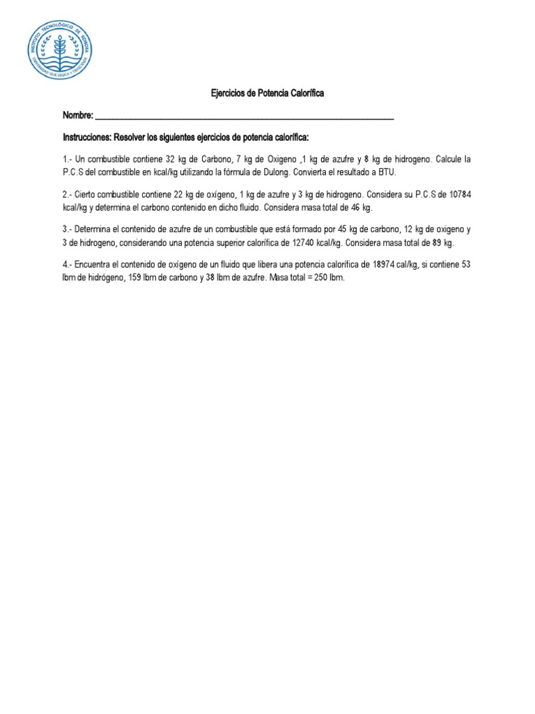Ejercicio. Potencia Calorifica | PDF