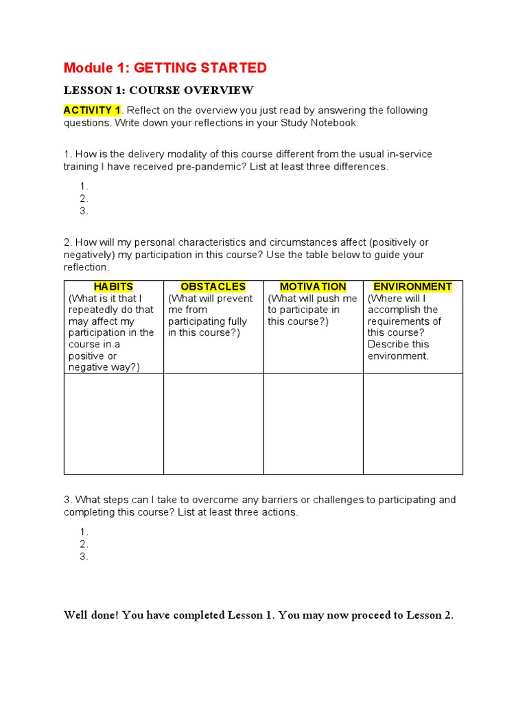 Module 1: Getting Started: Lesson 1: Course Overview | PDF | Distance ...