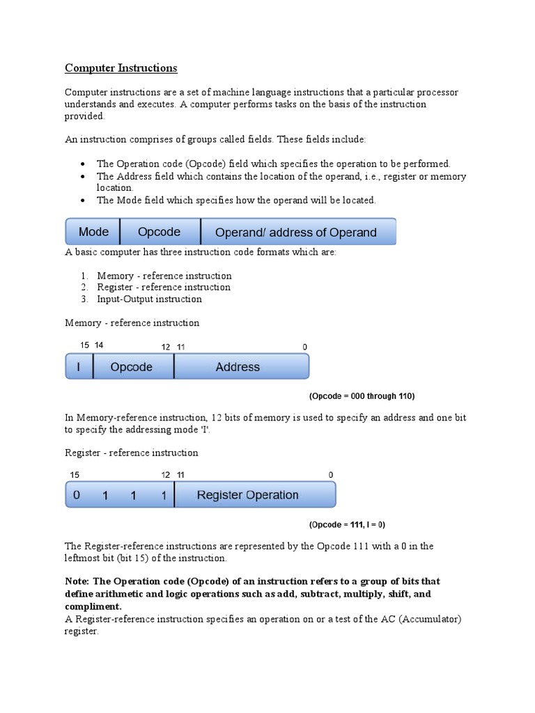 Computer Instructions: Define Arithmetic and Logic Operations Such As Add, Subtract, Multiply ...