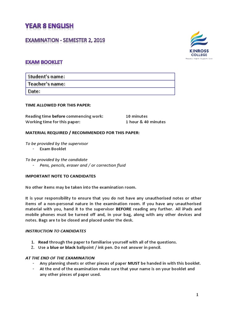 Year 8 English Exam Paper 2019 | PDF | Test (Assessment) | Question
