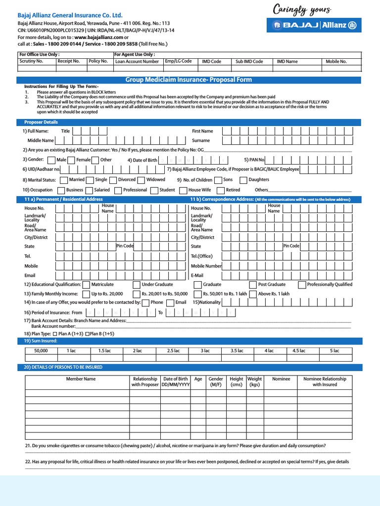 Group Mediclaim Insurance-Proposal Form: Bajaj Allianz General ...