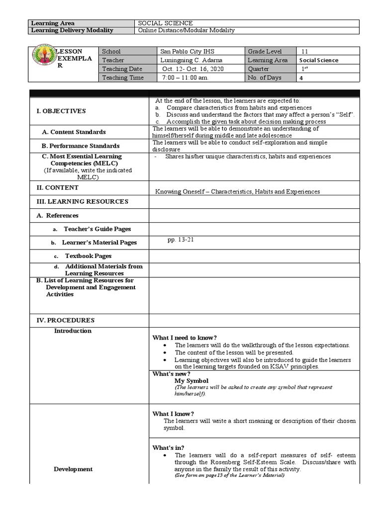 Lesson-Exemplar-in-PERDEV Week 2 Melc 2 | Download Free PDF | Self Esteem | Learning