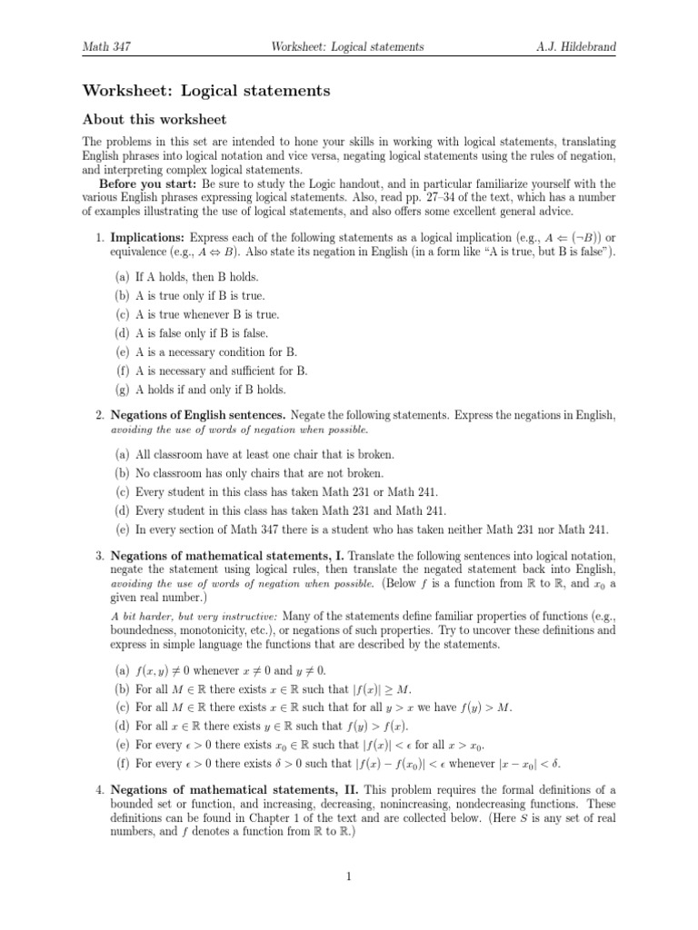 Worksheet: Logical Statements | PDF | Function (Mathematics ...