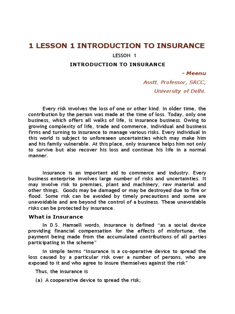 1 Lesson 1 Introduction To Insurance | PDF | Life Insurance | Insurance